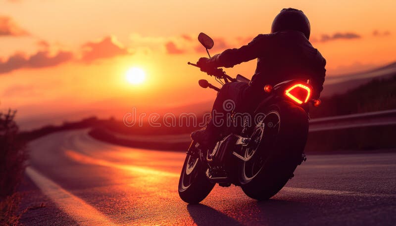 Biker Riding Motorcycle on Country Road at Sunset Stock Image - Image ...