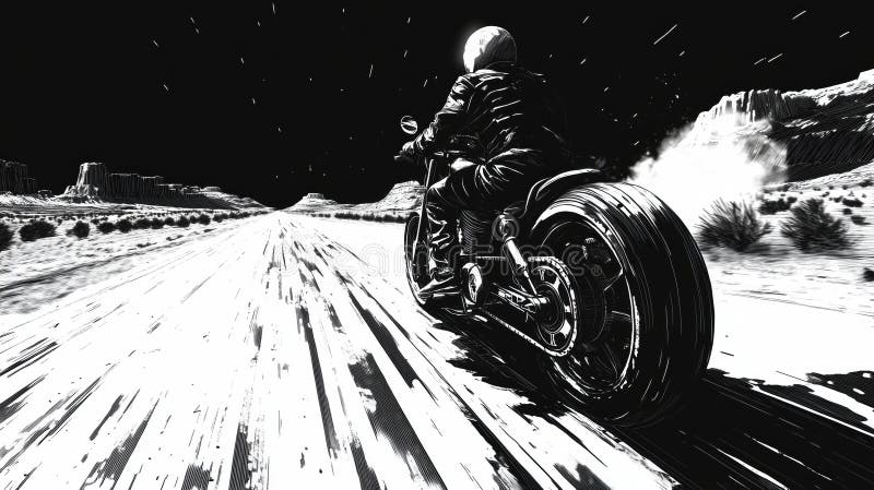 Biker Riding a Motorcycle on a Desert Road, Black and White Comic Style ...