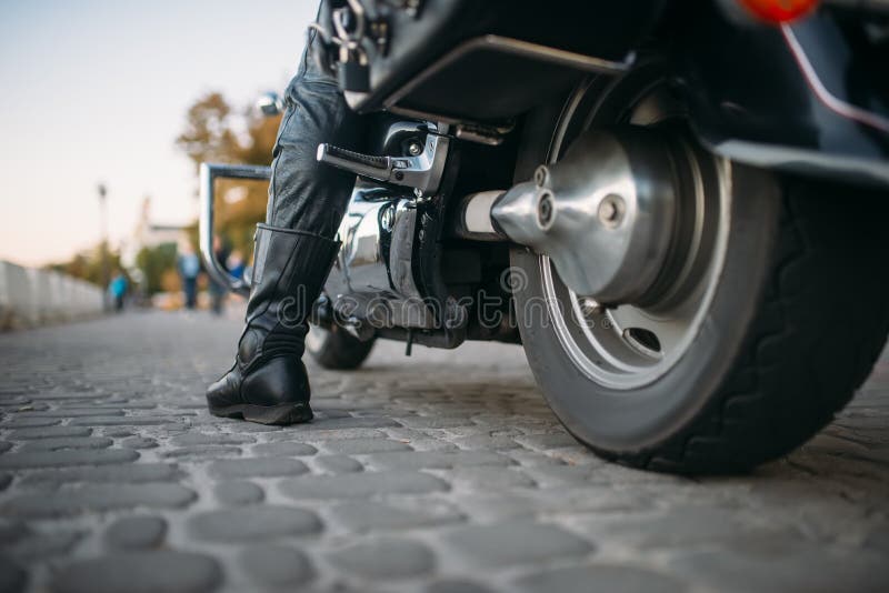 Biker Sitting on Motorcycle, Back View from Ground Stock Photo - Image ...