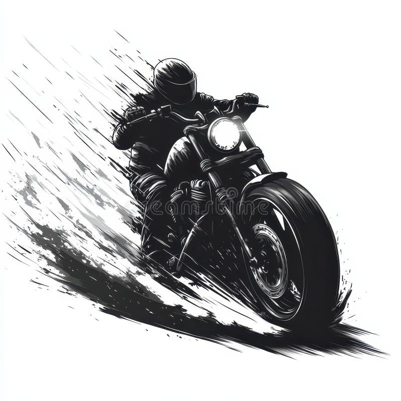 Biker Speeding on Classic Motorcycle Black and White Art Stock ...