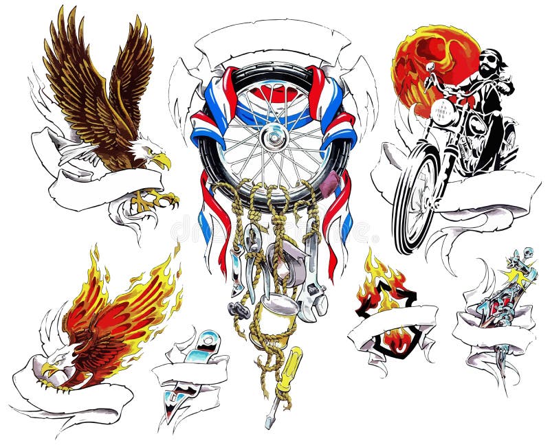 Biker Tattoo Flash Set. Set of Labels and Elements. Vector Set ...