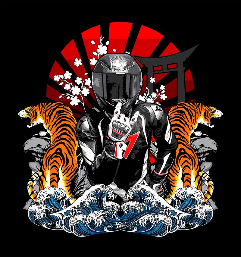 Biker, wave and tiger stock vector. Illustration of comics - 250124114