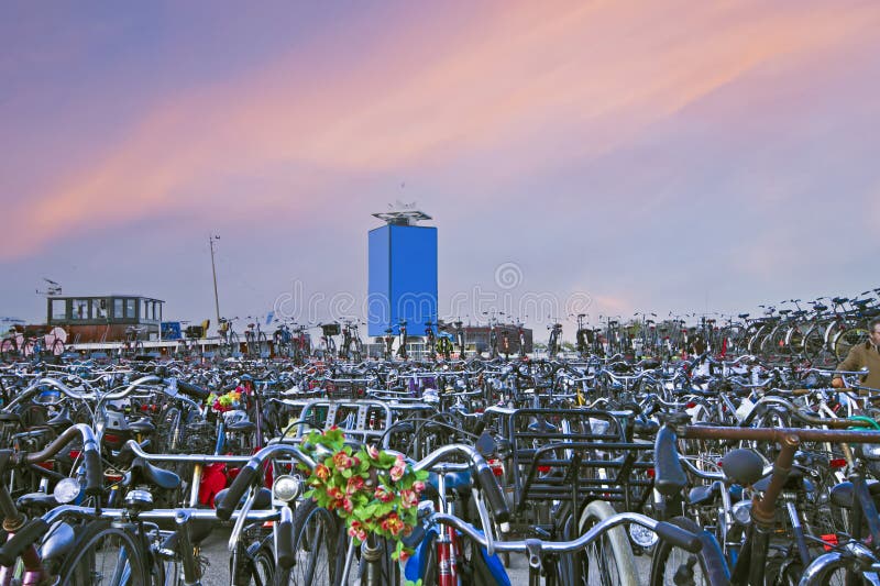 Bikes in Amsterdam Harbor in the Netherlands at Sunset Stock Image ...