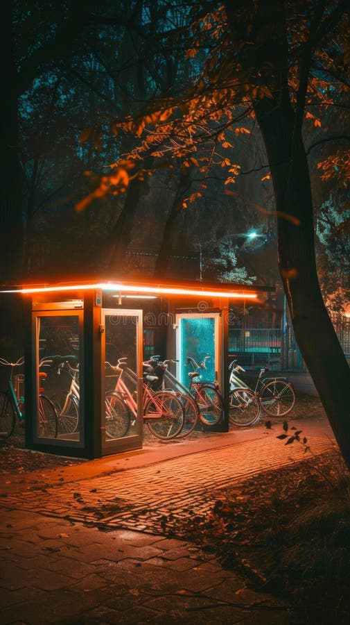 Bikes Waiting Under Glowing Lights in a Park on a Serene Autumn Evening ...