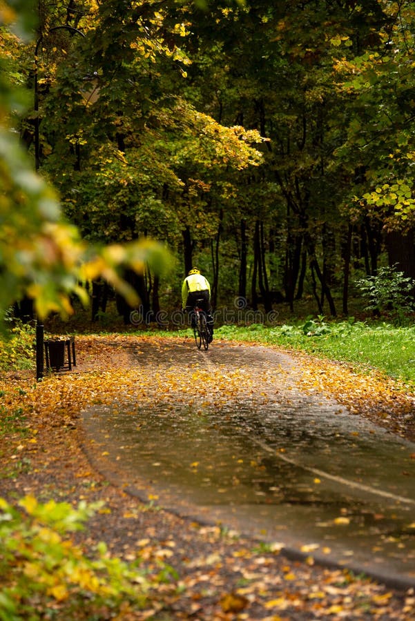 Biking in Colorful Autumn Park during Rain Stock Photo - Image of ...