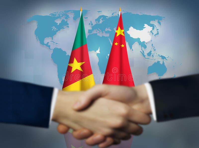 Two People Shaking Hands in Front of Cameroon and China Flags Stock ...