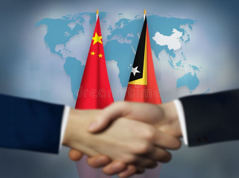 Two People Shaking Hands in Front of East Timor and China Flags Stock ...
