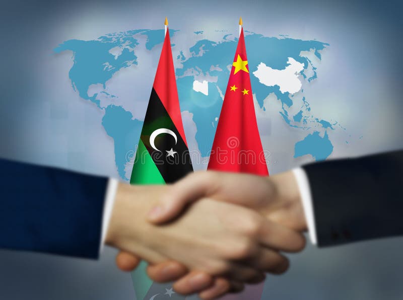 Two People Shaking Hands in Front of Libya and China Flag Stock ...