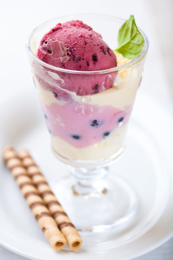 Bilberry Sorbet and Vanilla Ice Cream in a Glass Stock Photo - Image of ...