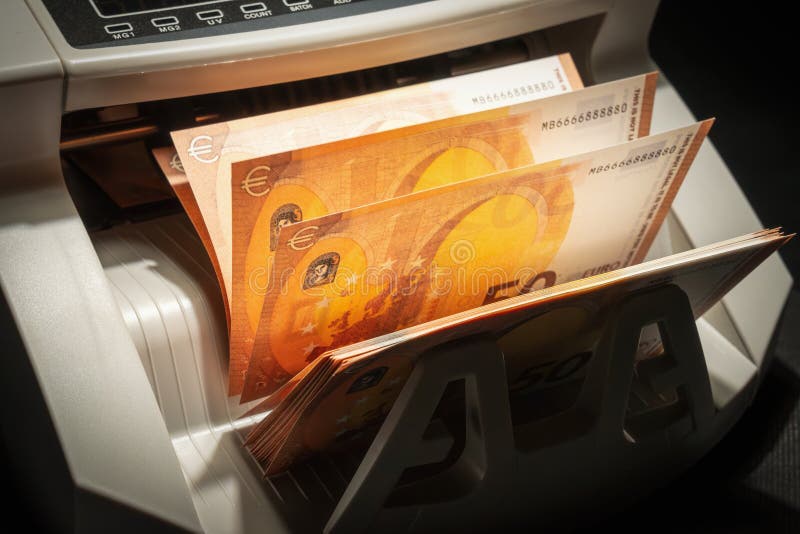 Bill Money Counting Machine is Counting EURO Banknotes Stock Photo ...