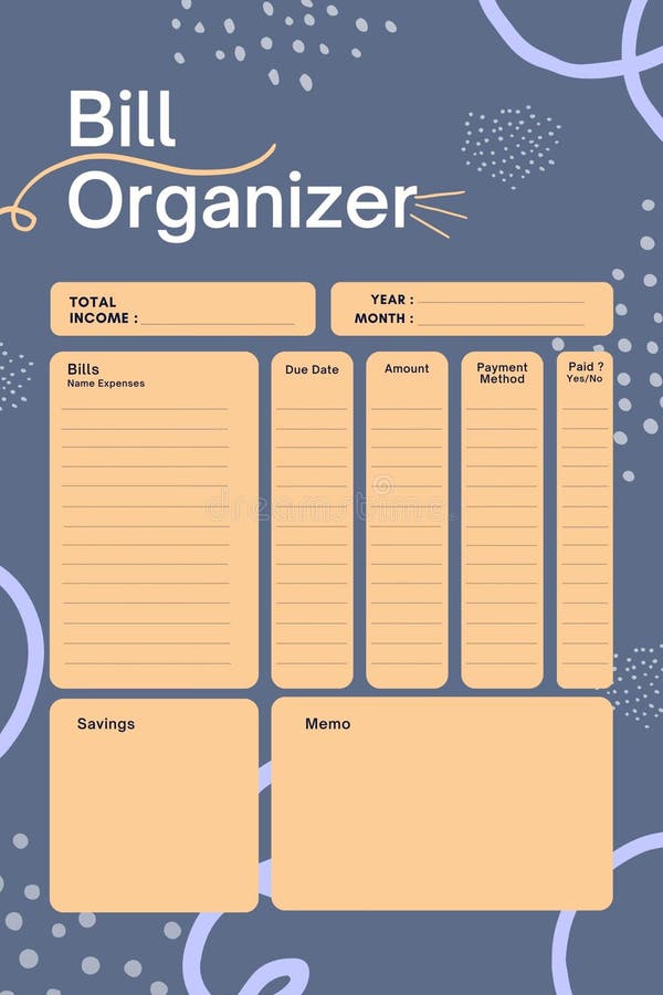 Bill Organizer Planner Digital Printable Blank Template Insert Stock ...