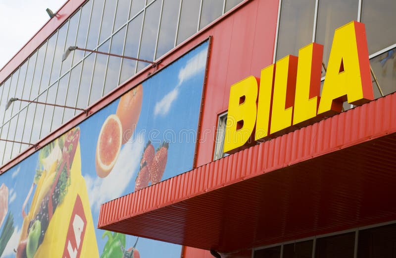 Logo of Billa Grocery Chain on the Grey Wall of a Shopping Mal ...