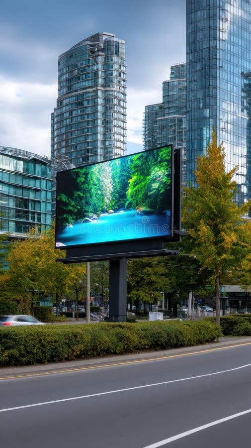 Billboard Displaying River Scene in Urban Cityscape with Modern ...