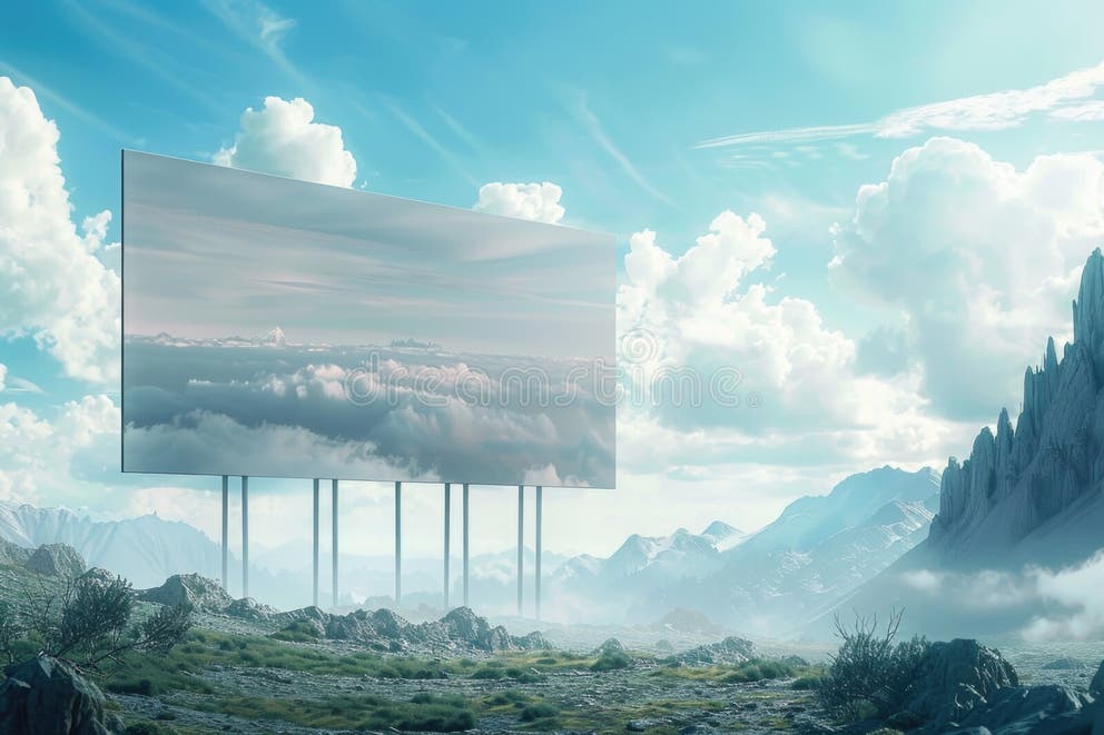 A Billboard Featuring a Scenic Mountain Landscape Stock Image - Image ...