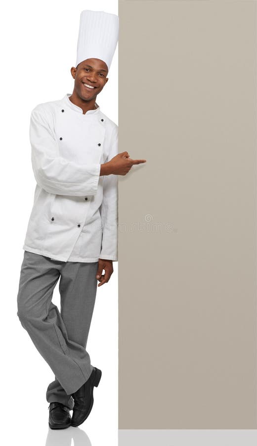 Billboard, Portrait and Black Man Chef with Hand Pointing To Studio for ...