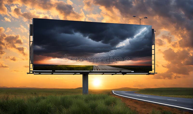 Billboard Standing Tall beside a Bustling Highway Under a Moody Sunset ...