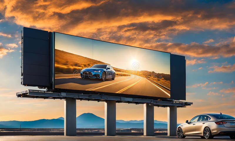 Billboard Standing Tall beside a Bustling Highway Under a Moody Sunset ...