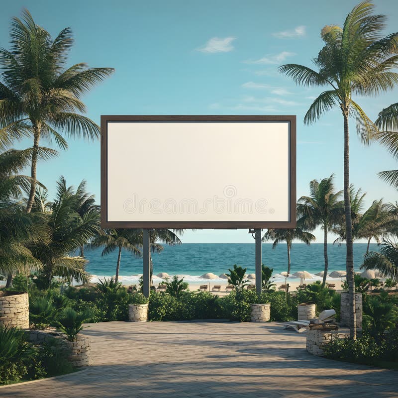 Billboard on Tropical Beach, Palm Trees, Clear Blue Sky Stock ...