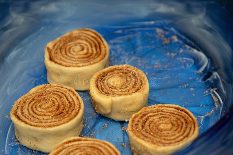 Billet Cinnamon Rolls are in a Blue Transparent Baking Dish Stock Image ...