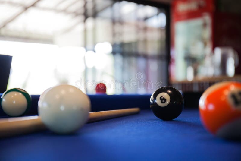 Billiard Ball Number 8 on Blue Pool Table Stock Photo - Image of table ...
