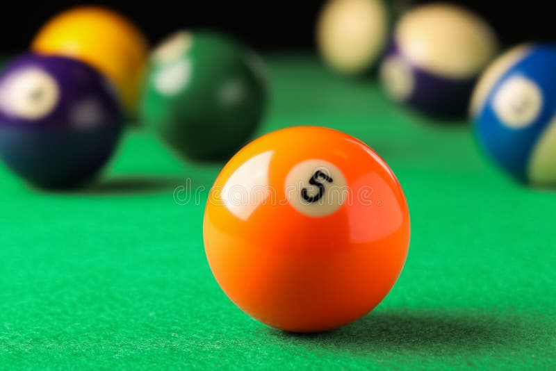 Billiard Ball with Number 5 on Green Table, Closeup Stock Image - Image ...