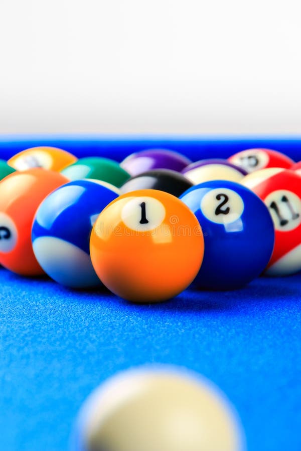 Billiard Balls, Cue and Chalk in a Blue Pool Table. Stock Image - Image ...