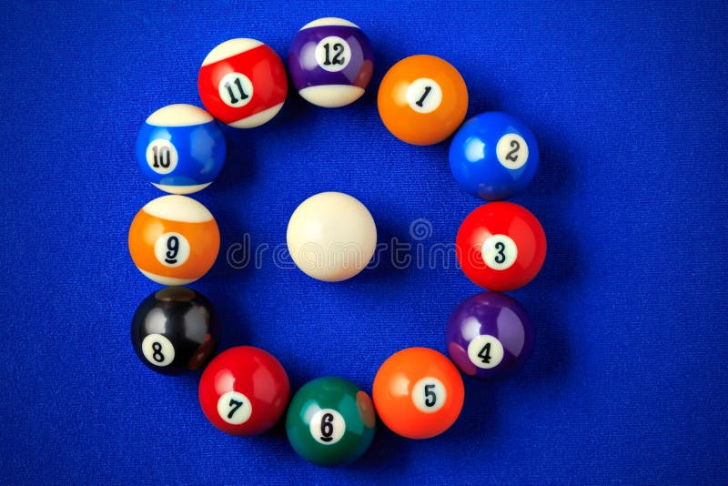Billiard Balls in a Blue Pool Table. Stock Photo - Image of sphere ...