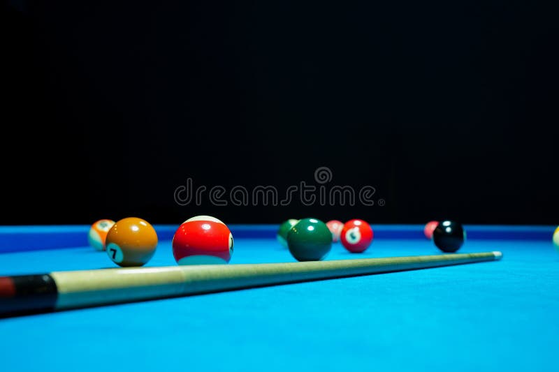 Billiard Balls on Blue Table with Billiard Cue. Snooker, Pool Game ...