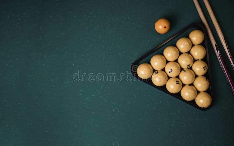 Billiard Balls and Cue on the Billiard Table, Top View, Flat Lay Stock ...