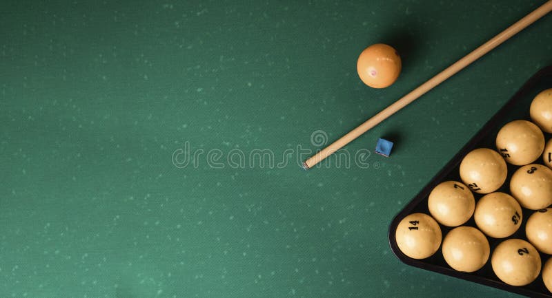 Billiard Balls and Cue on the Billiard Table, Top View, Flat Lay Stock ...