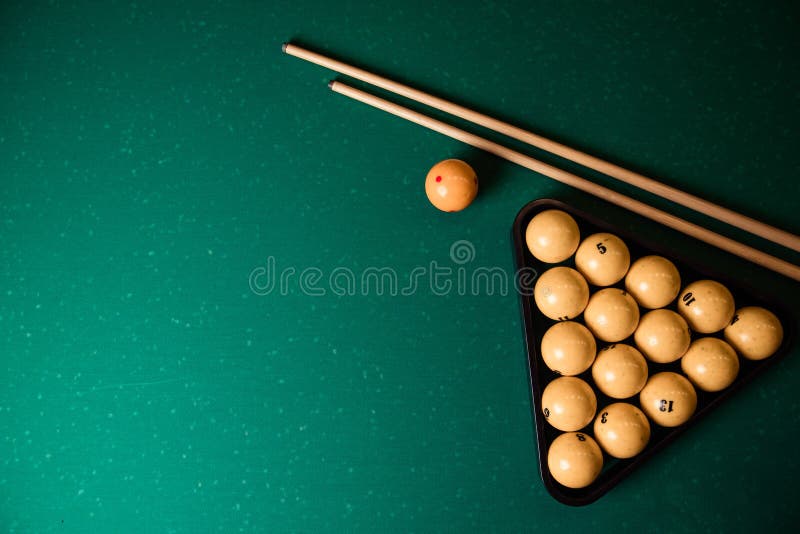 Billiard Balls and Cue on the Billiard Table, Top View, Flat Lay Stock ...