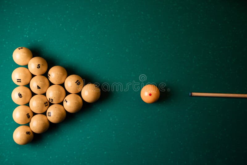 Billiard Balls and Cue on the Billiard Table, Top View, Flat Lay Stock ...