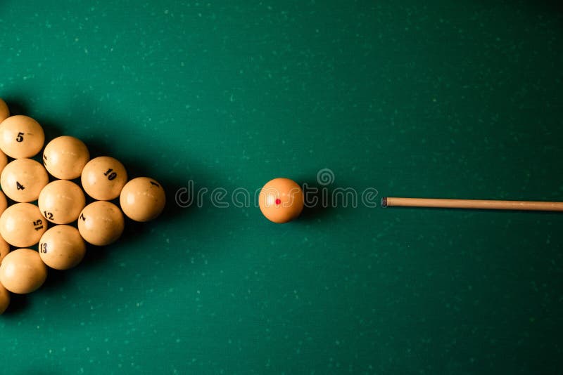 Billiard Balls and Cue on the Billiard Table, Top View, Flat Lay Stock ...