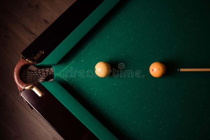 Billiard Balls and Cue on the Billiard Table, Top View, Flat Lay Stock ...