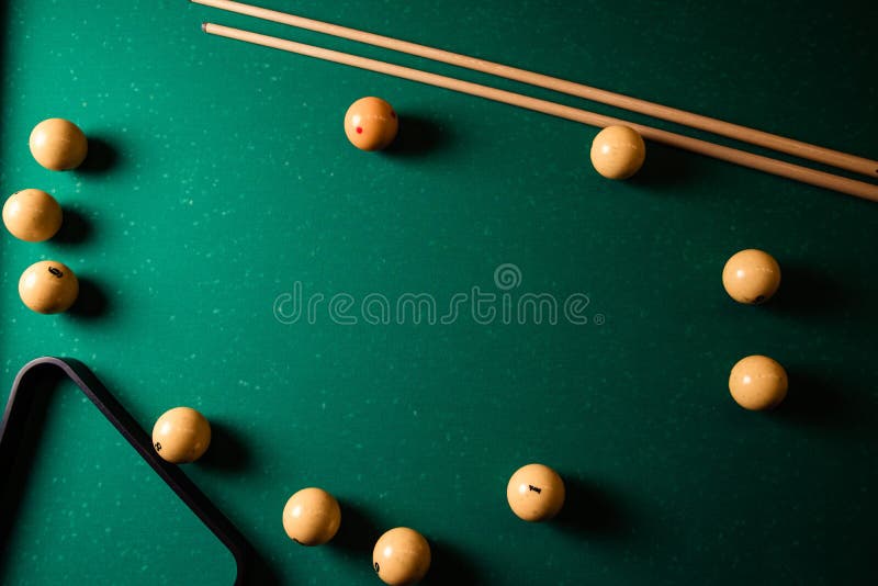 Billiard Balls and Cue on the Billiard Table, Top View, Flat Lay Stock ...