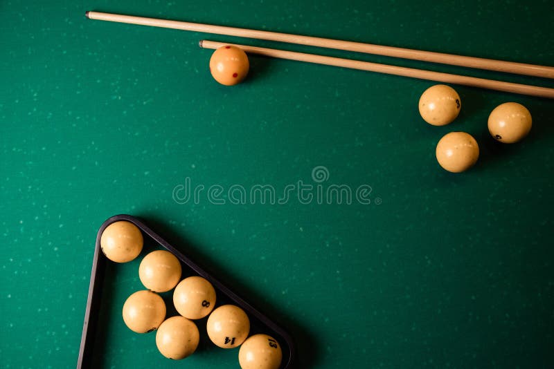 Billiard Balls and Cue on the Billiard Table, Top View, Flat Lay Stock ...