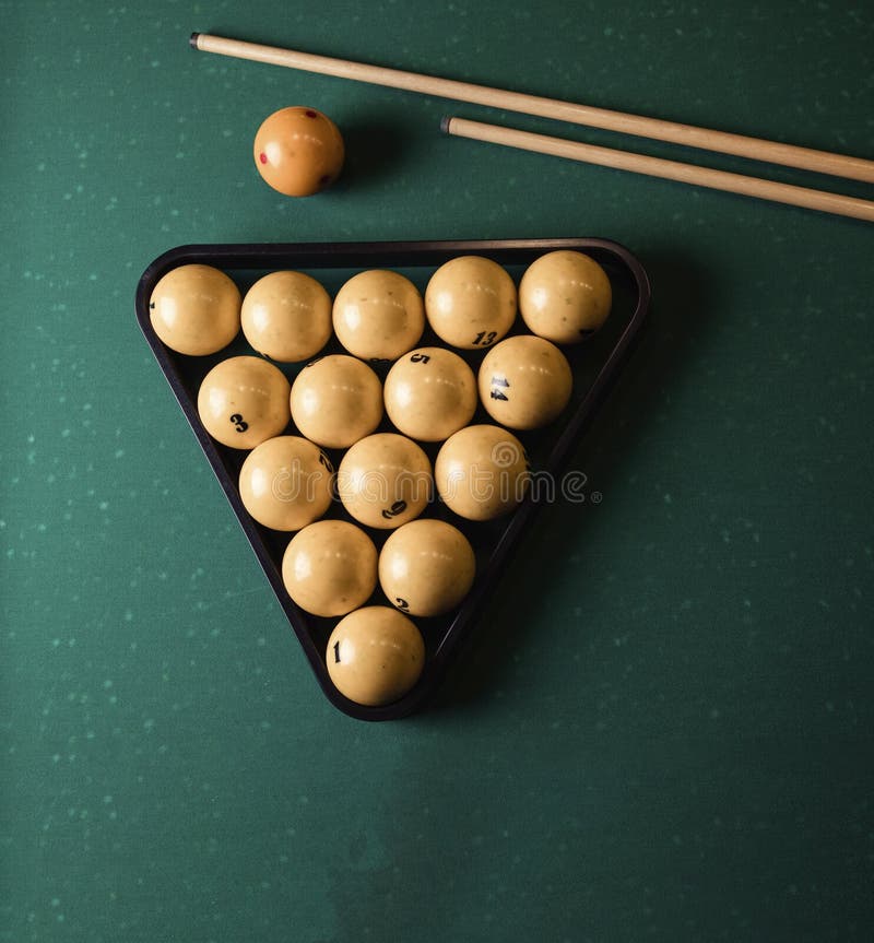 Billiard Balls and Cue on the Billiard Table, Top View, Flat Lay Stock ...