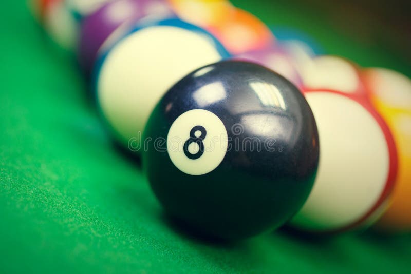 Billiard Balls on a Green Pool Table, Closeup Stock Photo - Image of ...