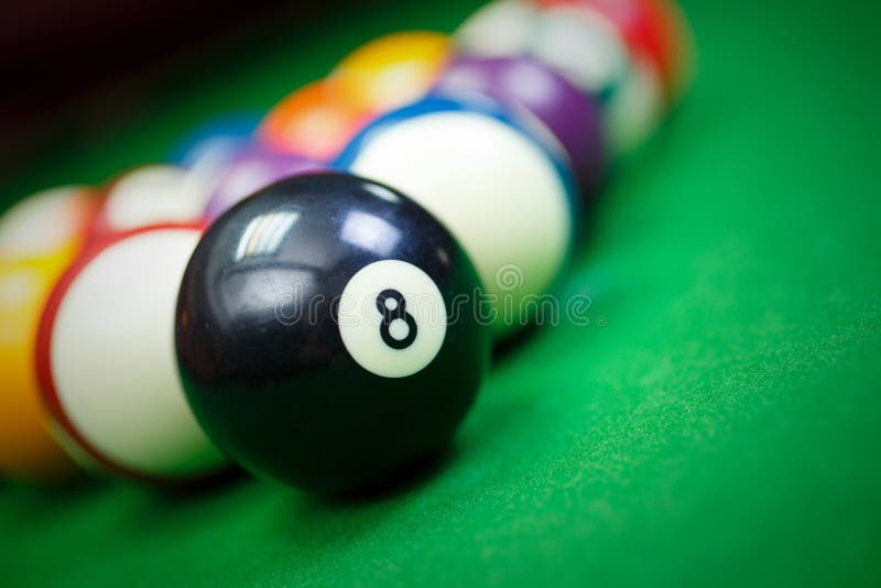 Billiard Balls on a Green Pool Table, Closeup Stock Photo - Image of ...