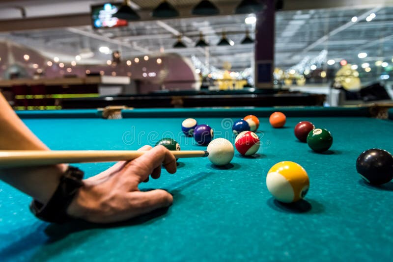 Billiard. Hand with Cue Prepare Hit a Ball Stock Photo - Image of ...