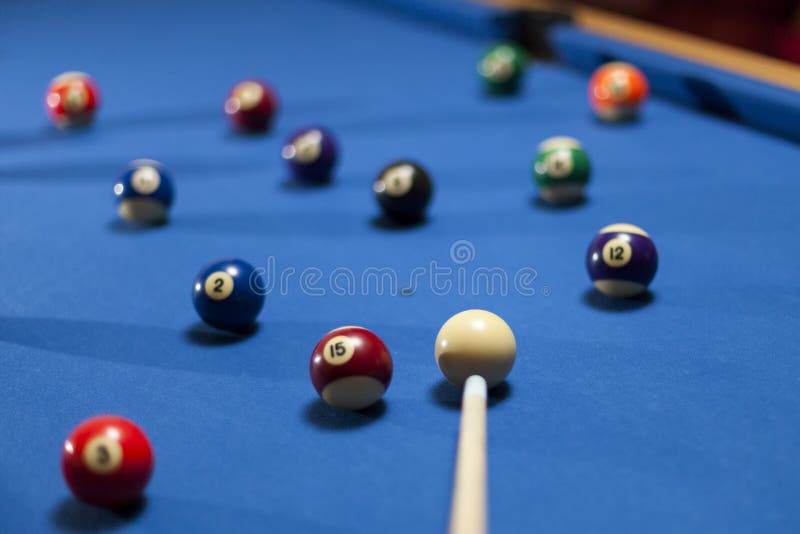 Billiard Balls in a Pool Table with Pool Cue Stock Image - Image of ...