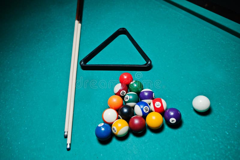 Billiard Balls in a Pool Table at Triangle with Billiard Cue Stock ...