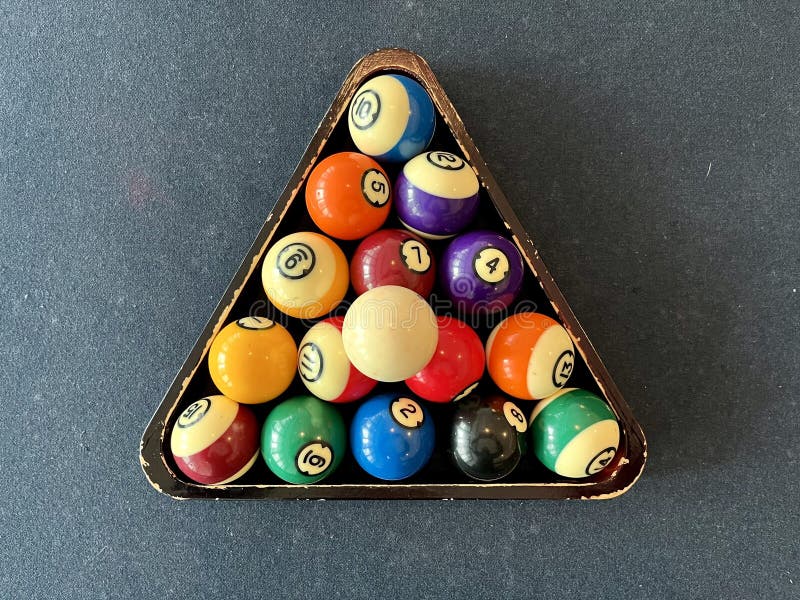 Billiard Balls in a Rack on a Gray Pool Table Stock Photo - Image of ...