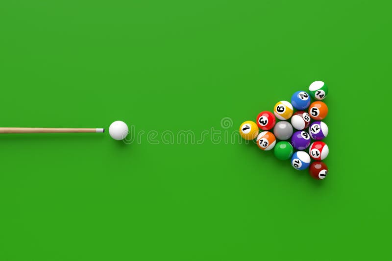 Billiard Balls Set Up for the Break on a Green Tabletop Stock ...