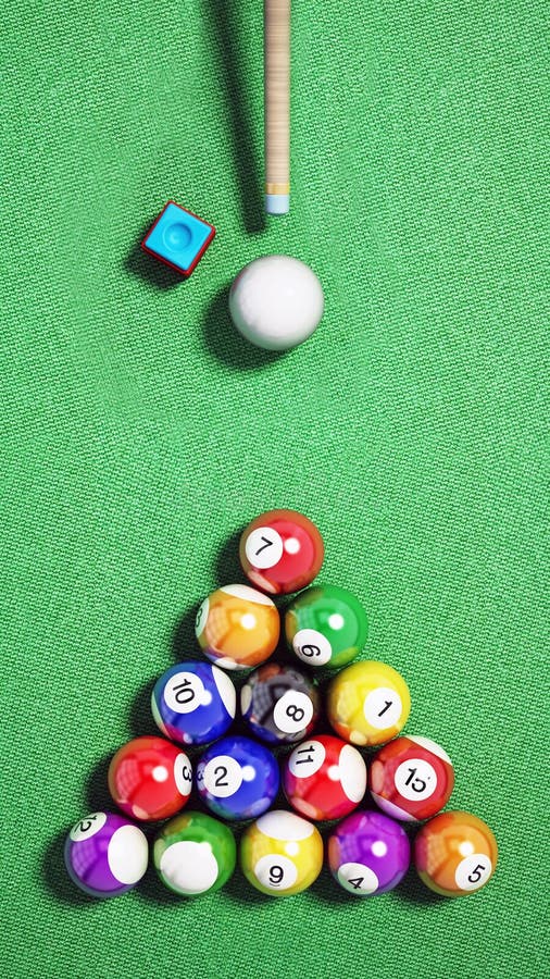 Billiard Balls, Triangle, Chalk and Cue on Pool Table. 3D Illustration ... Billiard Balls, Triangle, Chalk and Cue on Pool Table. 3D Illustration ...