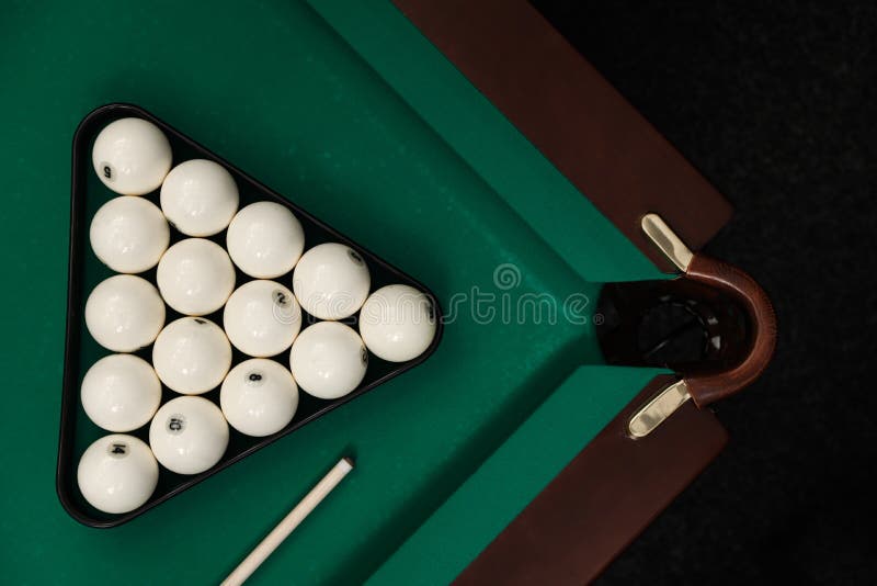 Billiard Balls in Triangle and Cue on Table Stock Photo - Image of ...