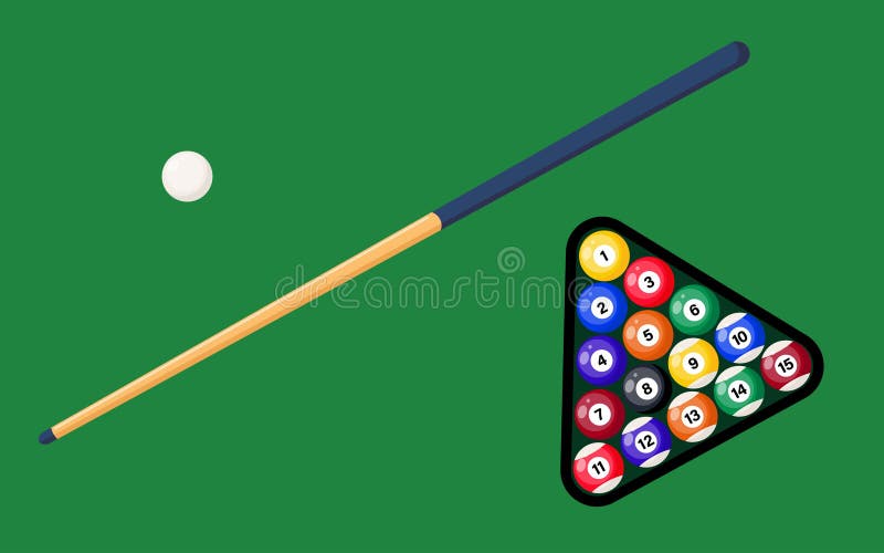 Billiard Cue and Pool Balls in Triangle on Green Table. Billiard Balls ...