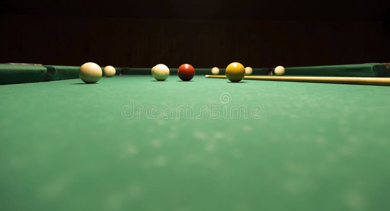 Billiard Game, Colorful Balls and Cue on Green Table. Stock Photo ...
