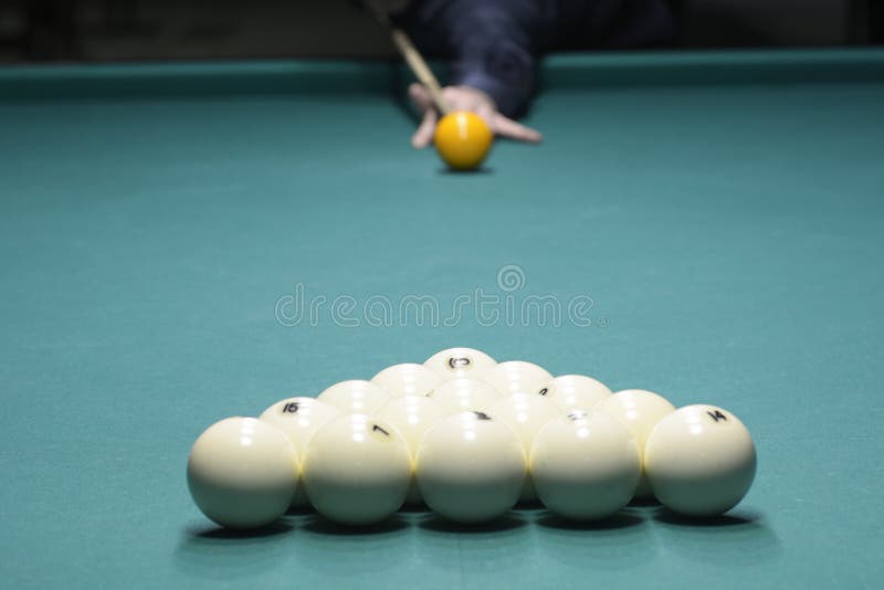 Billiard Player Arm Breaking the Pyramid by Striking the Ball with Cue ...