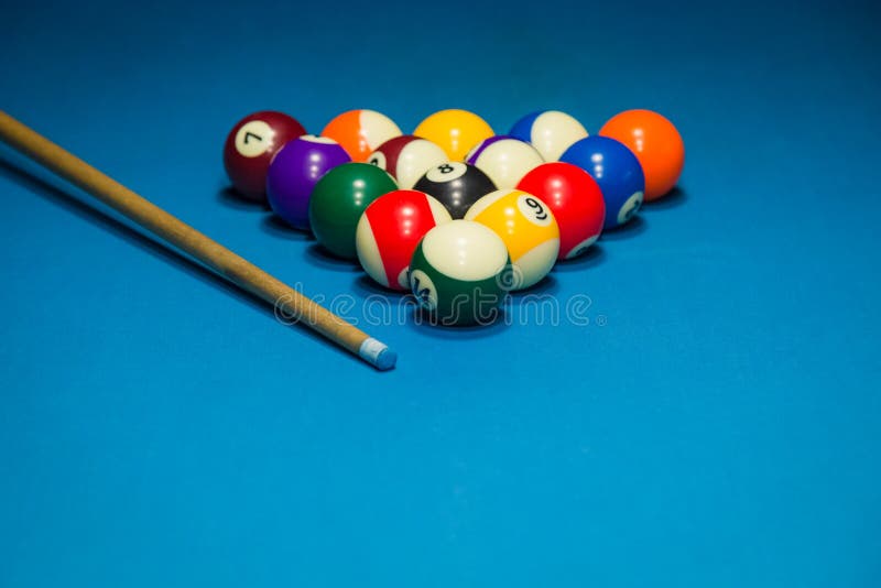 Billiard Pool Balls in Triangle and Stick on Table Stock Photo - Image ...